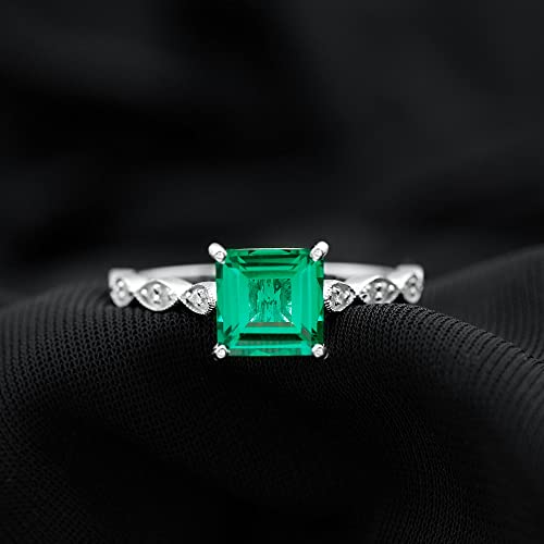 Rosec Jewels Certified Lab Grown Emerald 8mm Princess Cut Engagement Ring, AAAA Quality, Emerald Moissanite Side Stone Ring, 14K White Gold, Size:US 11.00