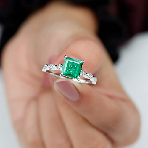 Rosec Jewels Certified Lab Grown Emerald 8mm Princess Cut Engagement Ring, AAAA Quality, Emerald Moissanite Side Stone Ring, 14K White Gold, Size:US 11.00