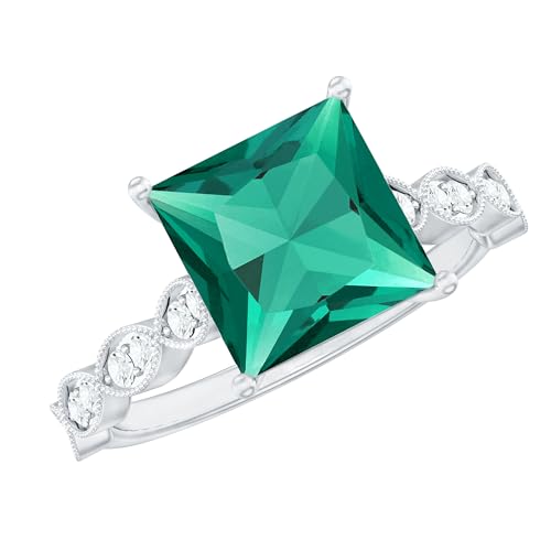 Rosec Jewels Certified Lab Grown Emerald 8mm Princess Cut Engagement Ring, AAAA Quality, Emerald Moissanite Side Stone Ring, 14K White Gold, Size:US 11.00