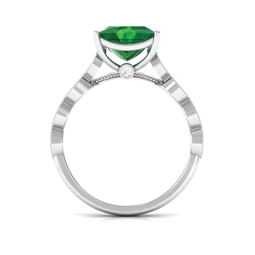 Rosec Jewels Certified Lab Grown Emerald 8mm Princess Cut Engagement Ring, AAAA Quality, Emerald Moissanite Side Stone Ring, 14K White Gold, Size:US 11.00