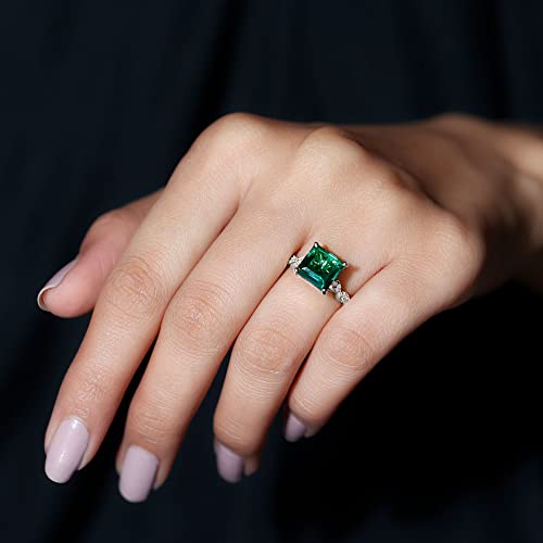 Rosec Jewels Certified Lab Grown Emerald 8mm Princess Cut Engagement Ring, AAAA Quality, Emerald Moissanite Side Stone Ring, 14K White Gold, Size:US 11.00