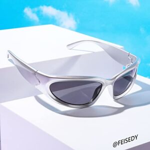 FEISEDY Futuristic Wrap Around Sunglasses Oval Cool Y2K Visor Thick Frame Vintage 90s for Men Women B2951