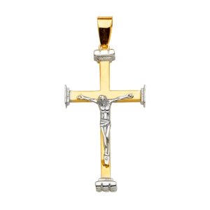 product name–14k 2tone crucifix cross pendant | 14k two tone gold christian jewelry jesus pendant locket for men women | 42 mm x 20 mm gold chain pendants | weight 3.2 grams