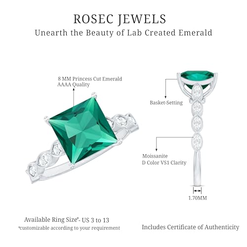 Rosec Jewels Certified Lab Grown Emerald 8mm Princess Cut Engagement Ring, AAAA Quality, Emerald Moissanite Side Stone Ring, 14K White Gold, Size:US 11.00