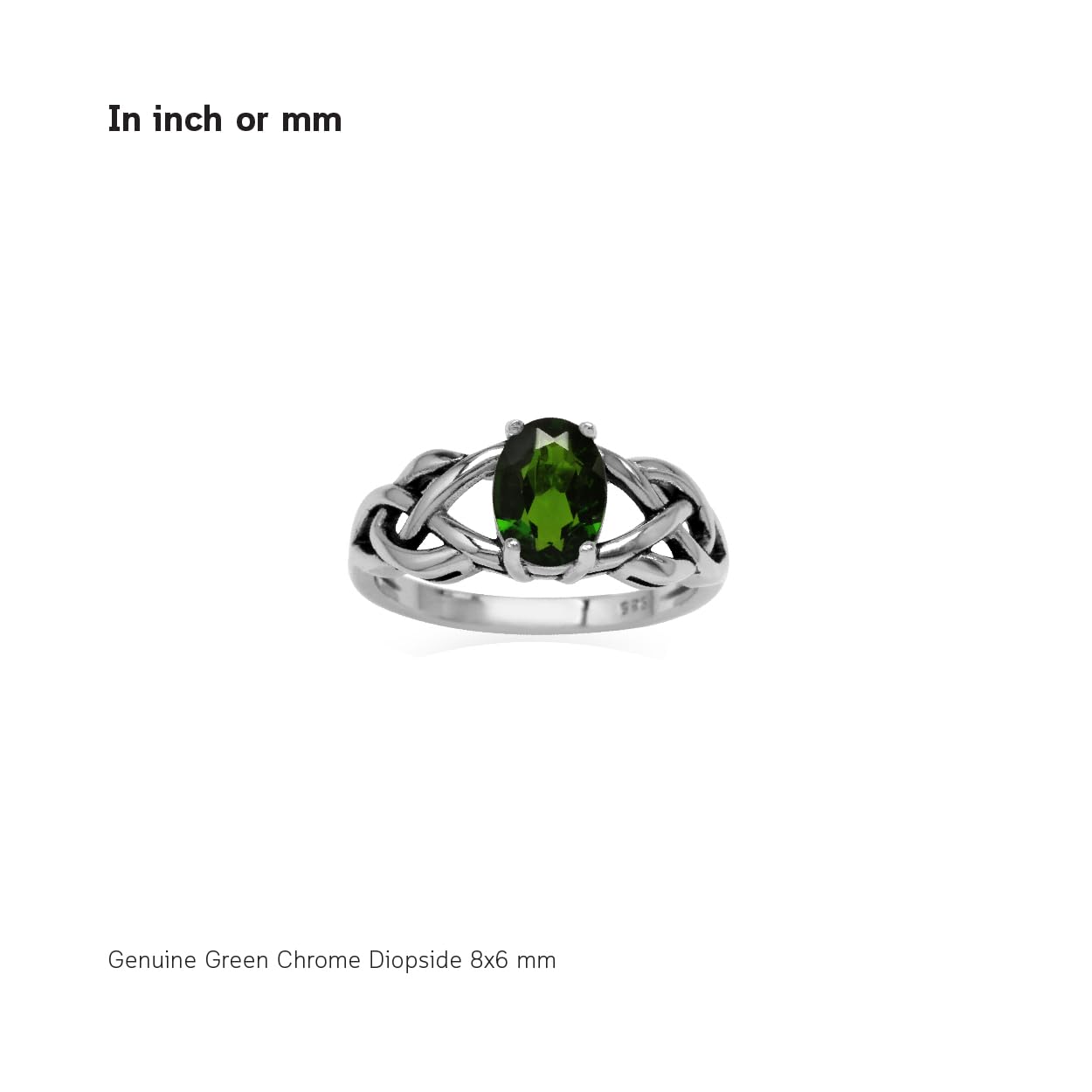 Silvershake 1.15ct. Green Chrome Diopside 925 Sterling Silver Celtic Knot Solitaire Ring Size 7.5