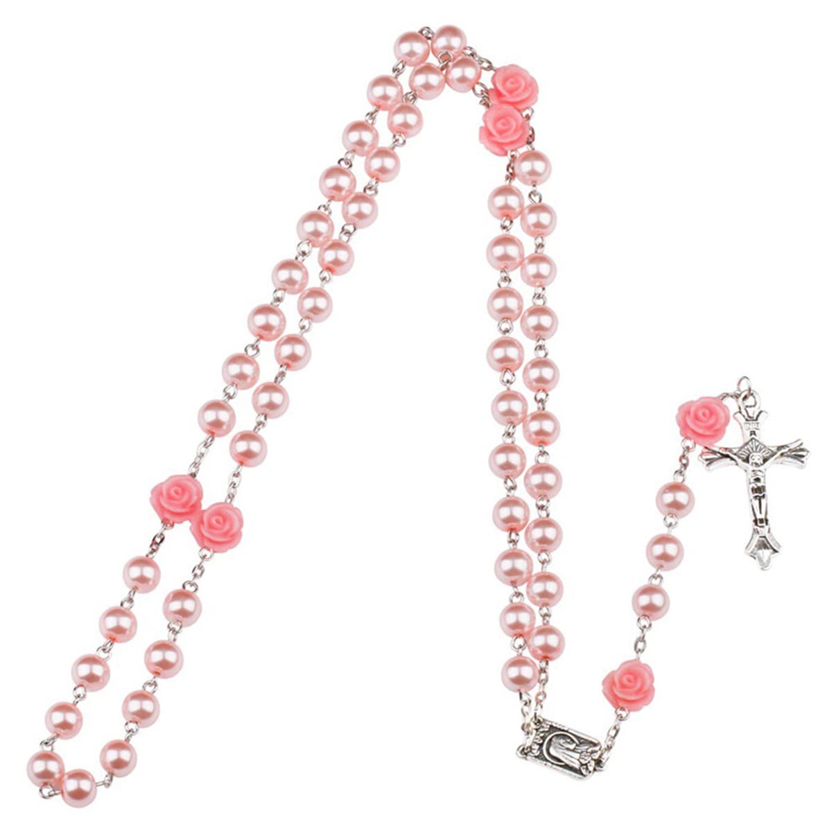 Catholic Rosary Pink Pearl Beads Necklace for Women First Communion Rosary for Women Our Rose Lourdes Medal and Cross Rosary Necklace