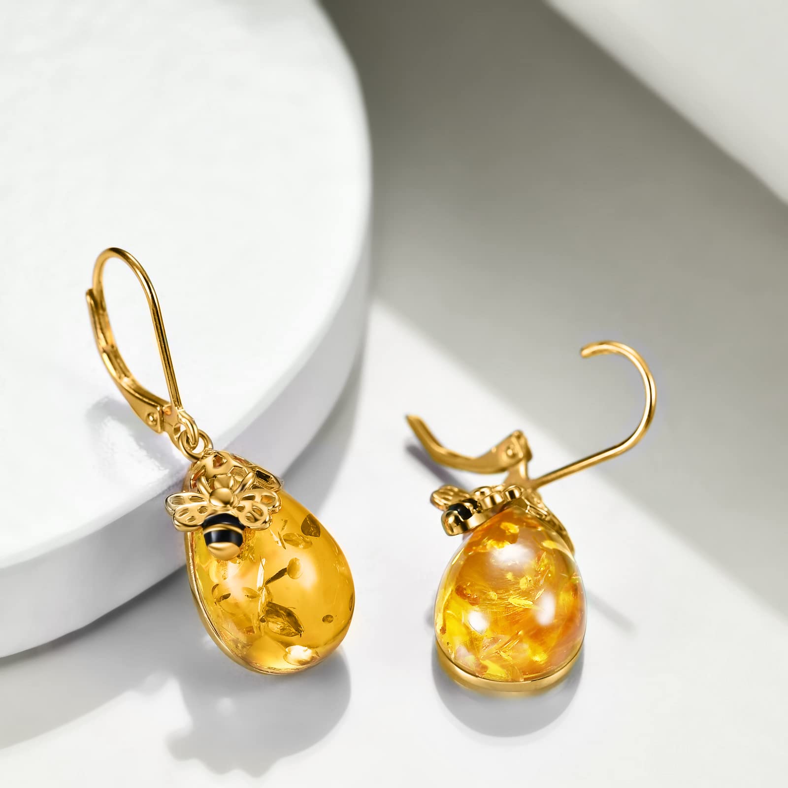 TIGER RIDER Bee 925 Sterling Silver French Clasp Earrings Amber Pendant Jewelry Gift for Women