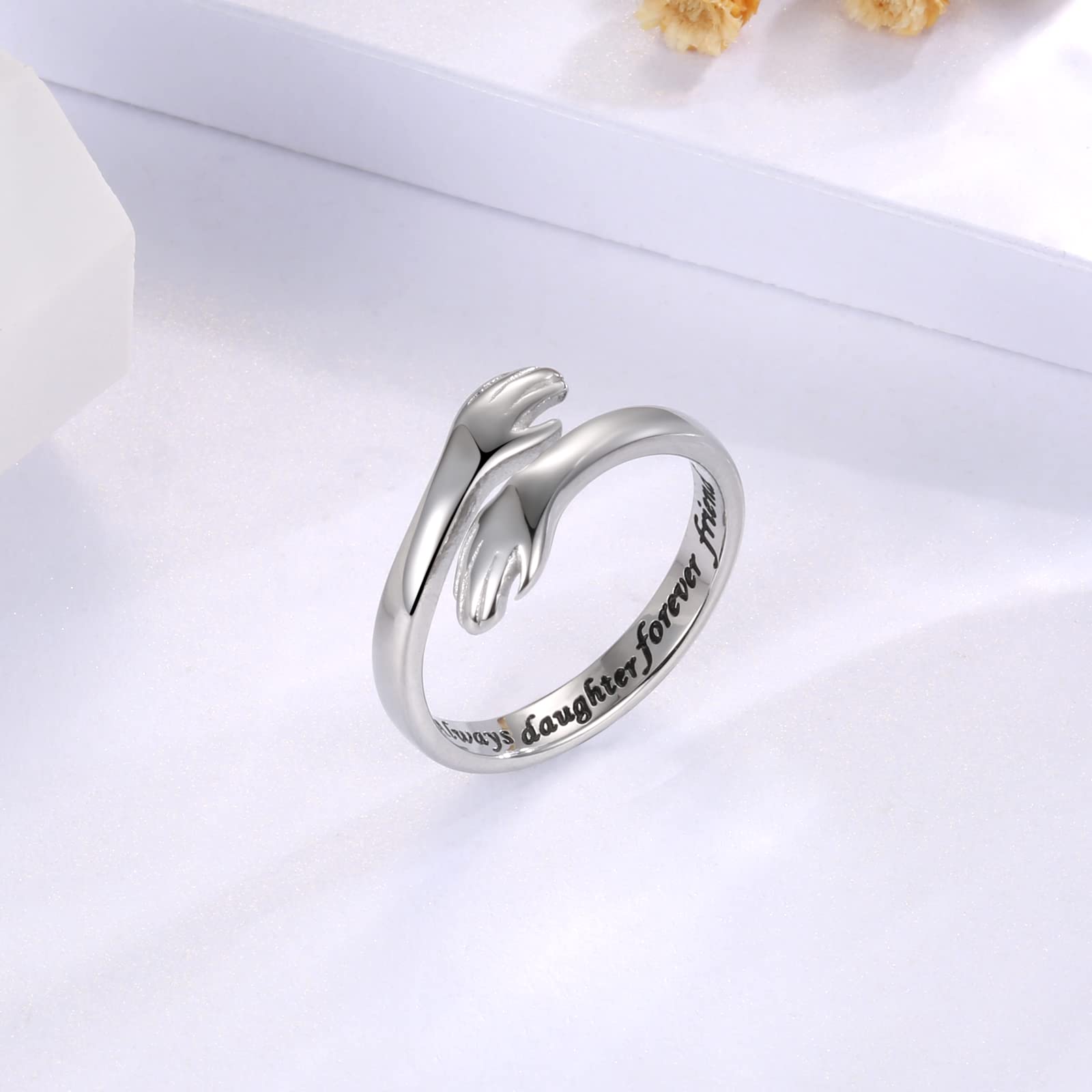 JZCOLOR Silver Hug Ring for Women: Adjustable Hugging Hand Ring Always Daughter Forever Friend Hug Open Ring (Always daughter forever friend)