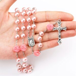 Catholic Rosary Pink Pearl Beads Necklace for Women First Communion Rosary for Women Our Rose Lourdes Medal and Cross Rosary Necklace