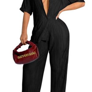 Ekaliy Women 2 Piece Dressy Outfits Short Sleeve Button Down Shirts Blouses Tops Wide Long Pants Summer Tracksuit Black 2XL