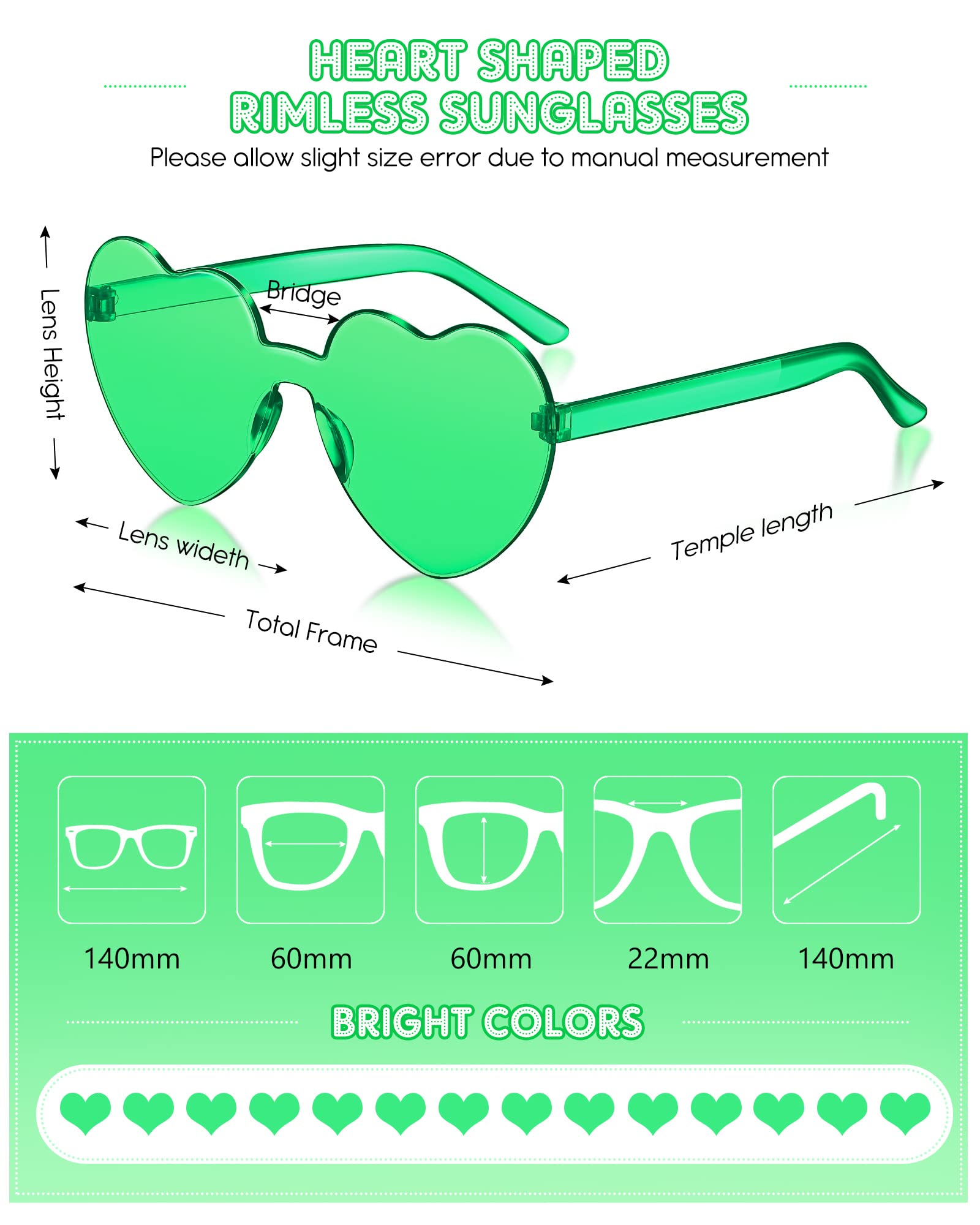 Colzzy Pcs Heart Shaped Rimless Sunglasses Transparent Colorful Frameless Glasses Eyewear Bachelorette Party (Fluorescent Green)