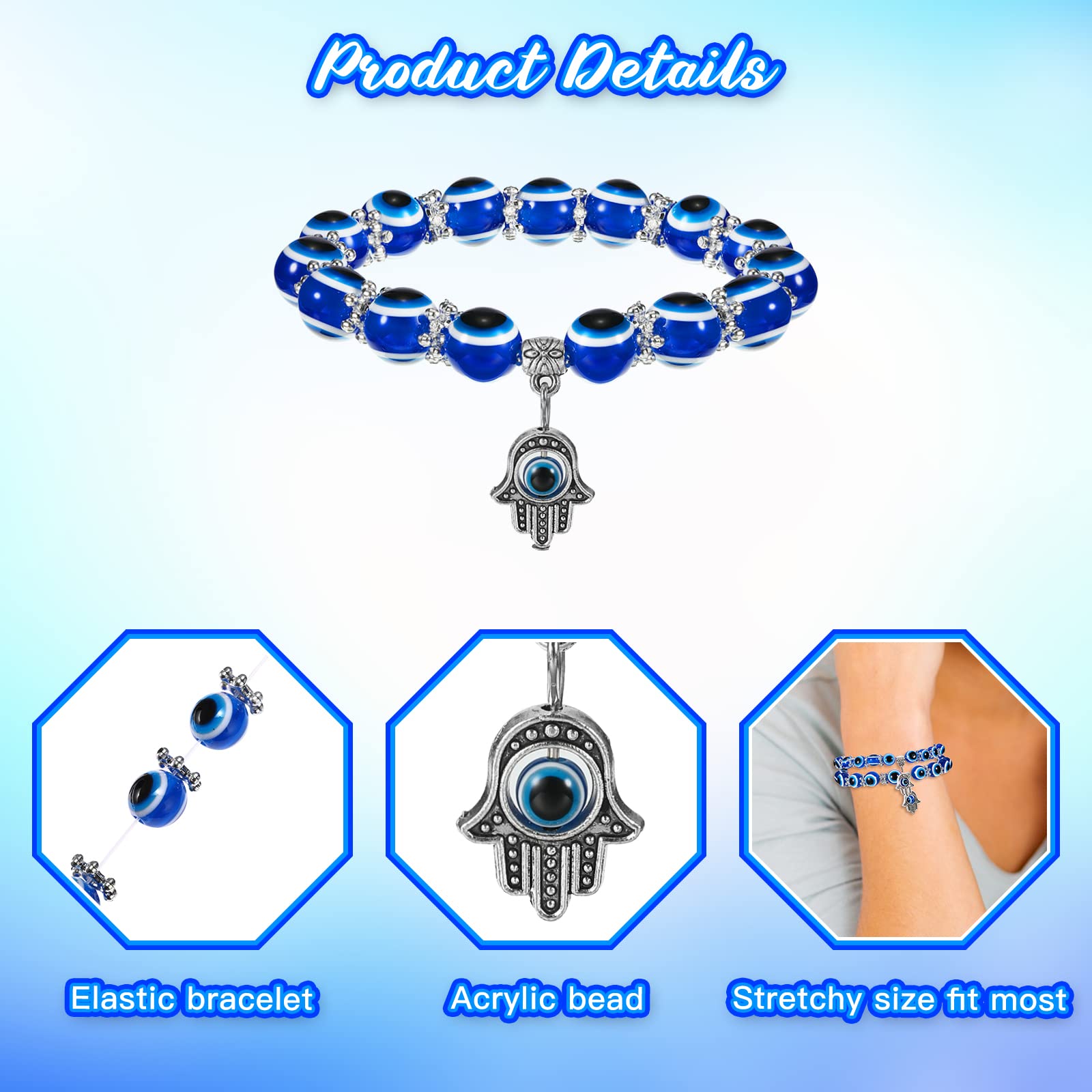 Blue Evil Eye Bracelet for Protection 8mm 10mm Hamsa Hand of Fatima Beaded Charm Bracelets Blue Eye Stretch Amulet Bracelets for Women Men (16 Pieces)