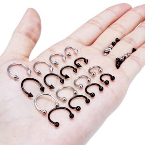 Lcolyoli 16G Variety of Sizes Horseshoe Rings Surgical Steel Nose Septum Rings Hoop Eyebrow Smiley Lip Rings Tragus Earring Daith Helix Piercing Jewelry for Women Men 6mm 8mm 10mm 12mm Black