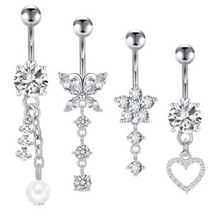 longita dangle belly button rings for women surgical steel piercing jewelry, silver