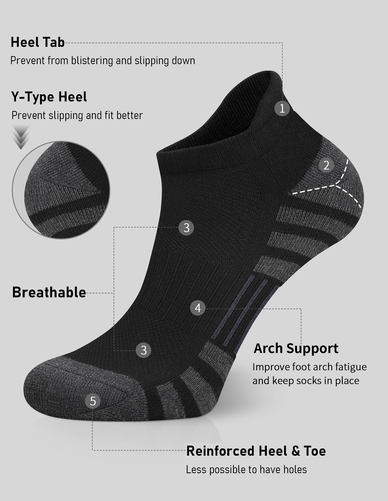 Airacker Ankle Athletic Running Socks Cushioned Breathable Low Cut Sports Tab Socks for Men and Women (6 Pairs)