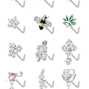 Drperfect 12Pcs 20G Nose Rings Studs L Shaped Dangle Nose Rings for Women Stainless Steel CZ Heart Snake Flower Butterfly Assorted Nose Nostrial Piercing Jewelry