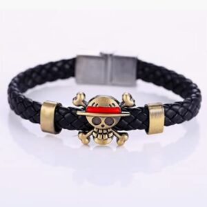 Anime One Piec Bracelet for Fans, Luffy Skeleton Straw Hat Pirate Braided Wristband Cosplay Prop Accessories for Men Women Friends