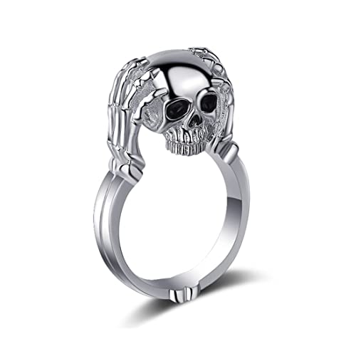 THJEW Cool Skull Head Ring for Women,S925 Sterling Silver Punk Biker Gothic Cocktail Party Halloween Headache Death Head Skeleton Skull Ring Jewelry (Ring_A, 10)