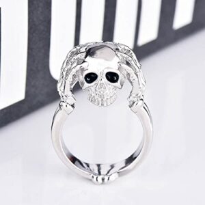 THJEW Cool Skull Head Ring for Women,S925 Sterling Silver Punk Biker Gothic Cocktail Party Halloween Headache Death Head Skeleton Skull Ring Jewelry (Ring_A, 10)