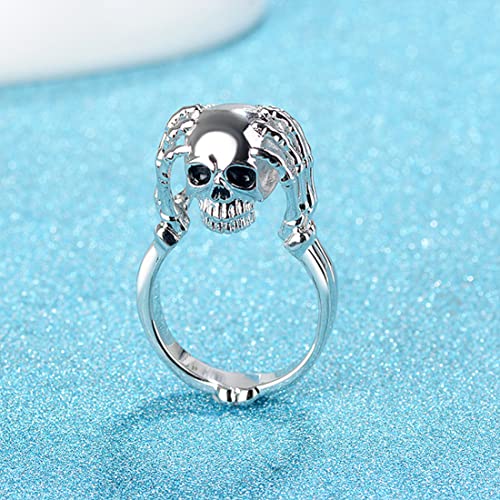 THJEW Cool Skull Head Ring for Women,S925 Sterling Silver Punk Biker Gothic Cocktail Party Halloween Headache Death Head Skeleton Skull Ring Jewelry (Ring_A, 10)