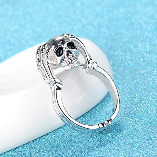 THJEW Cool Skull Head Ring for Women,S925 Sterling Silver Punk Biker Gothic Cocktail Party Halloween Headache Death Head Skeleton Skull Ring Jewelry (Ring_A, 10)