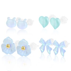 plastic earrings, kmeosch 4 pairs plastic earrings for sensitive ears surgery, cute heart flower bear plastic posts stud earrings retainers blue