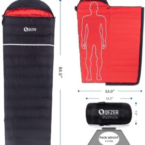 QEZER Down Sleeping Bag for Adults 600 Fill Power Down Sleeping Bag Cold Weather Ultralight Sleeping Bag with Compression Sack for Backpacking, Camping, Hiking (1000g Down Filling-Black-Right Zip)