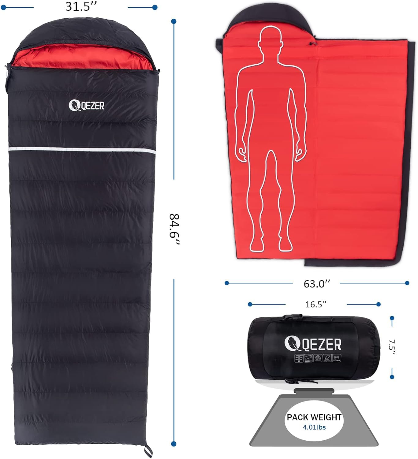 QEZER Down Sleeping Bag for Adults 600 Fill Power Down Sleeping Bag Cold Weather Ultralight Sleeping Bag with Compression Sack for Backpacking, Camping, Hiking (1000g Down Filling-Black-Right Zip)