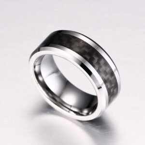 Stainless Steel Rings for Women, Womens Rings Promise Comfort Fit Size 11 Silver Carbon Fiber Ring Beveled Edge