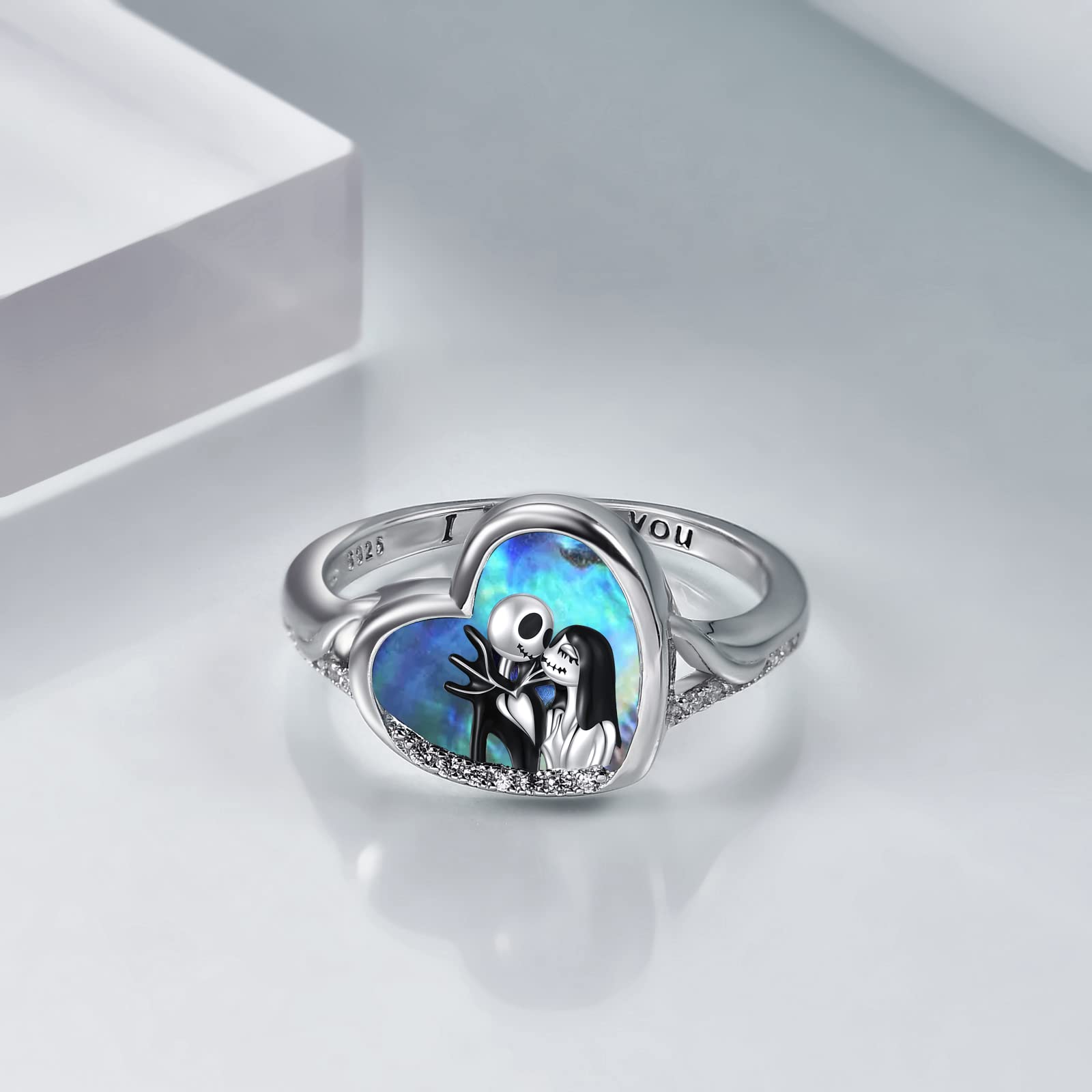 LILALO Nightmare Rings Sterling Silver Abalone Shell Jack and Sally Rings Christmas Gifts for Women Skull Jewelry Heart Rings Birthday Gifts for Women Wife Daughter