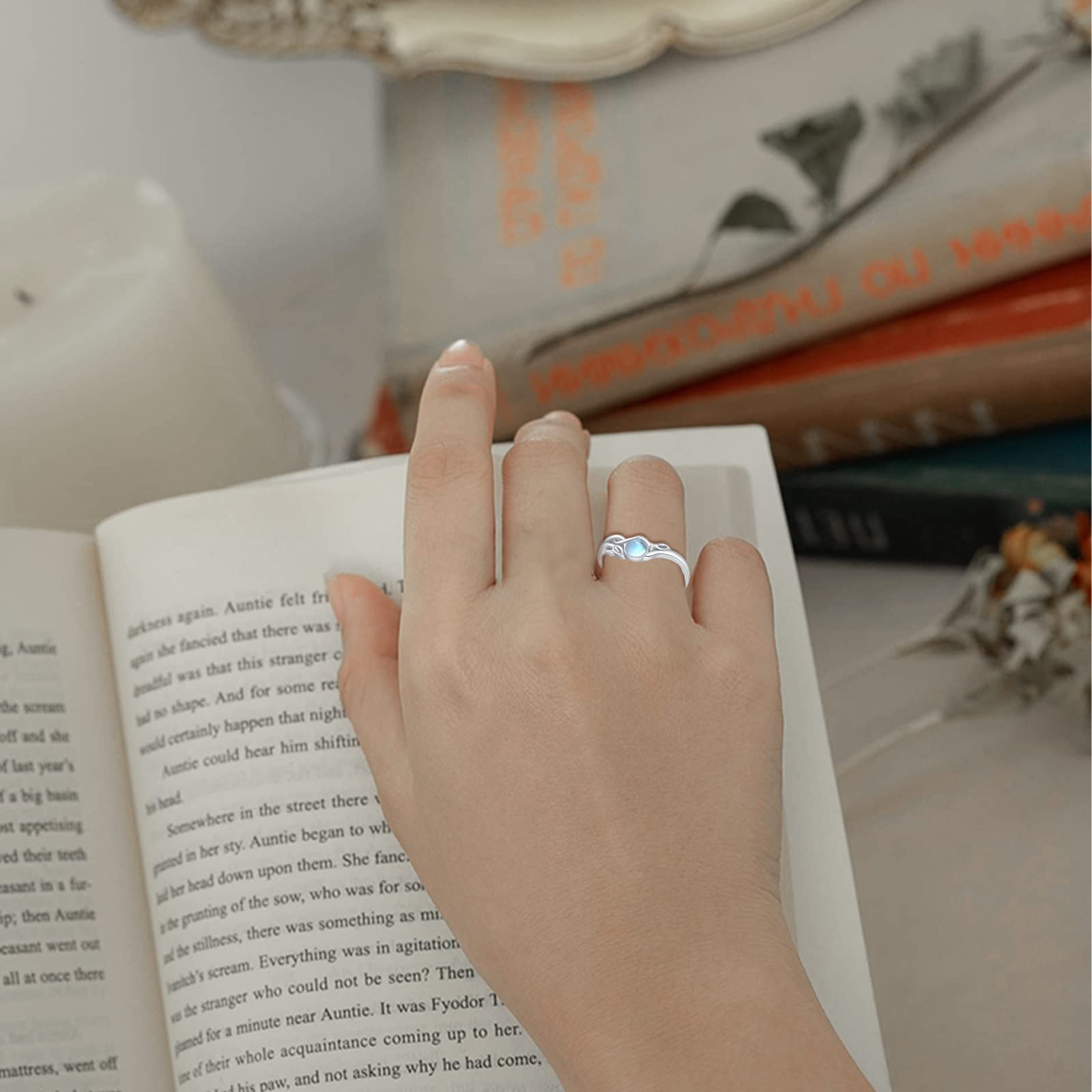 925 Sterling Silver Leaf Ring Moonstone Adjustable Open Rings for Mother's Day Women Minimalist Statement Band Finger Ring Dainty Trendy with Box