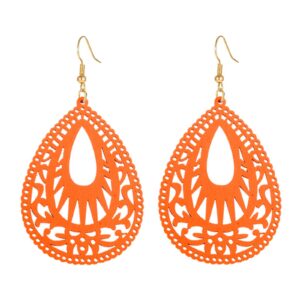 maloyanve bohemian wood earrings for women handmade natural retro lightweight teardrop geometric hollow wooden african dangle drop geometric statement earrings boho vintage ethnic (orange)