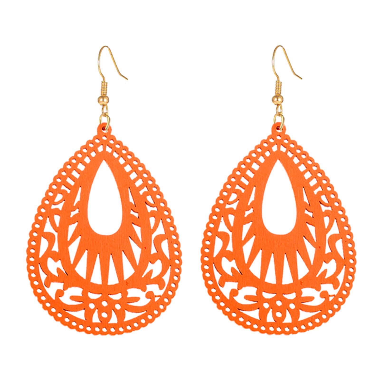 MALOYANVE Bohemian Wood Earrings for Women Handmade Natural Retro Lightweight Teardrop Geometric Hollow Wooden African Dangle Drop Geometric Statement Earrings Boho Vintage Ethnic (Orange)