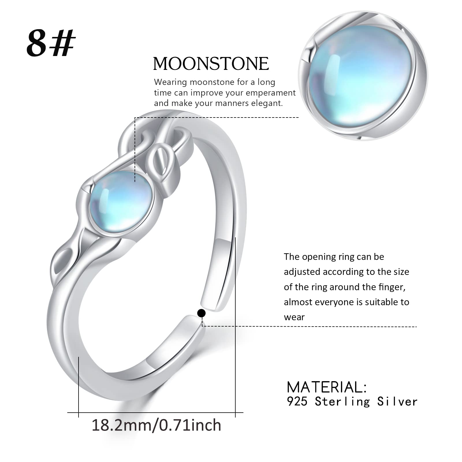 925 Sterling Silver Leaf Ring Moonstone Adjustable Open Rings for Mother's Day Women Minimalist Statement Band Finger Ring Dainty Trendy with Box