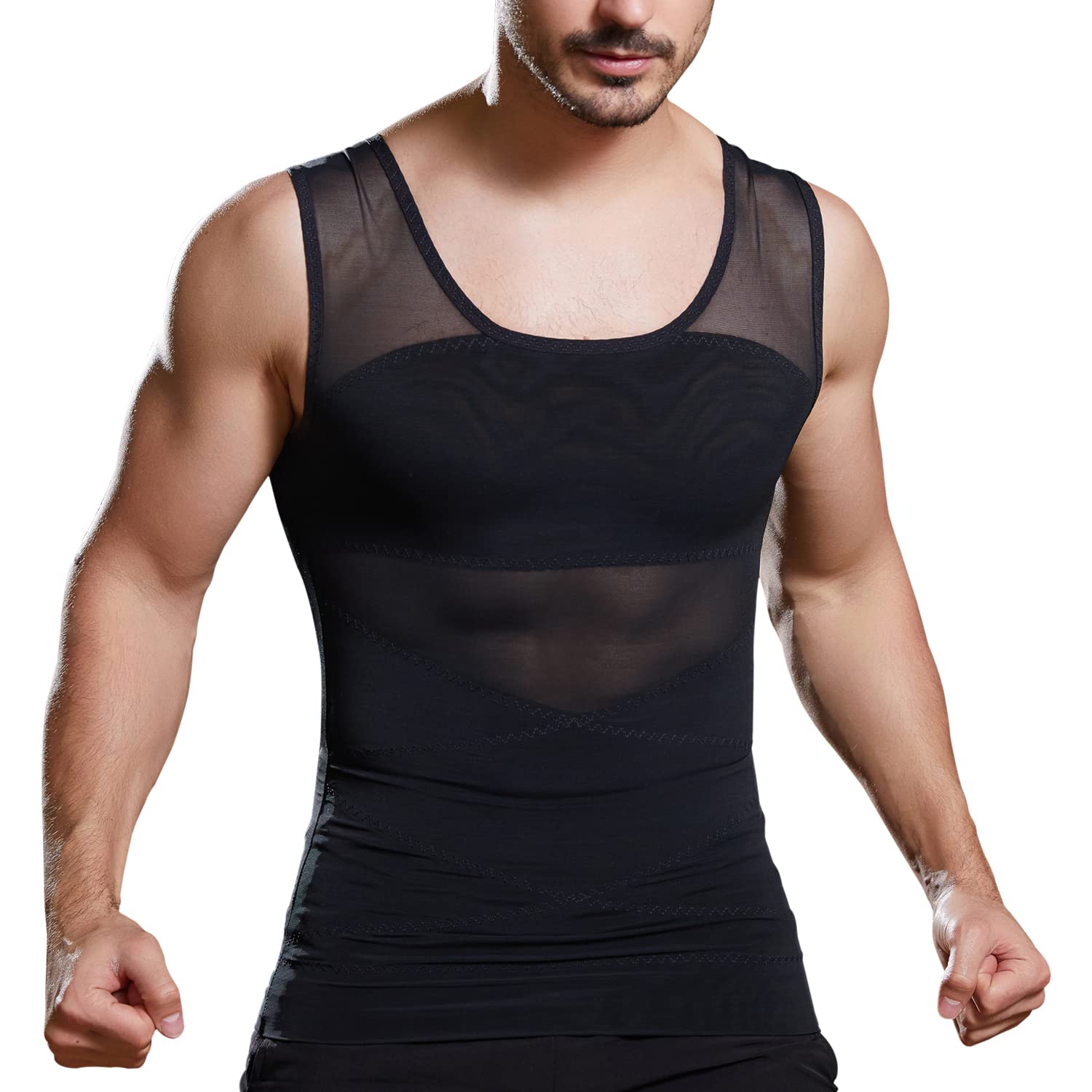 ISUP Mens Compression Shirt Slimming Undershirt Shapewear Body Shaper Chest Compression Tummy Control Tank Top Black