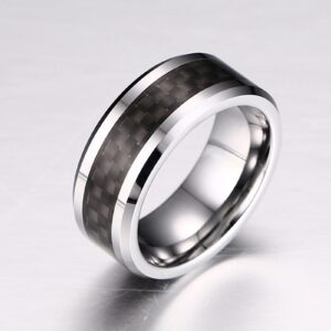 Stainless Steel Rings for Women, Womens Rings Promise Comfort Fit Size 11 Silver Carbon Fiber Ring Beveled Edge