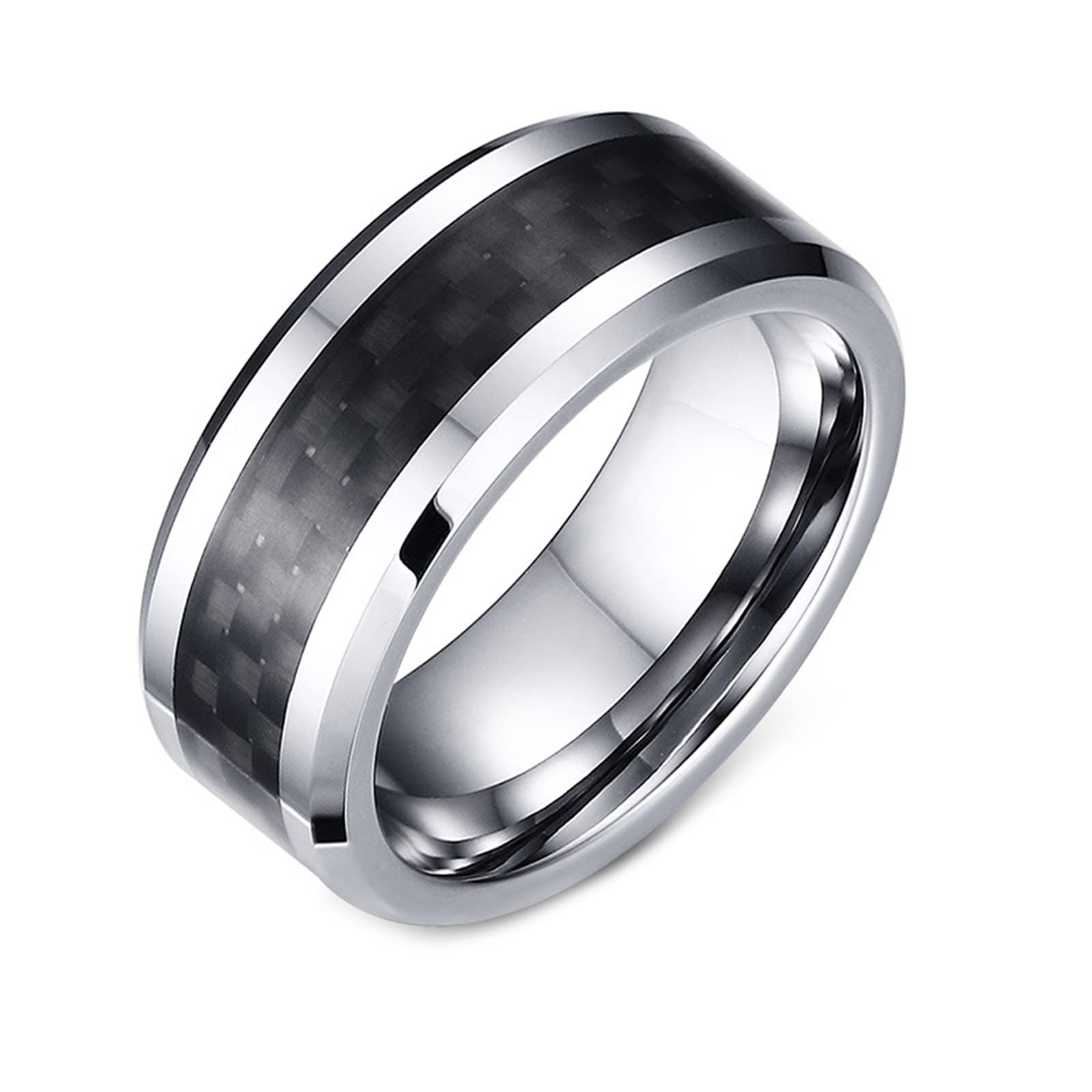 Stainless Steel Rings for Women, Womens Rings Promise Comfort Fit Size 11 Silver Carbon Fiber Ring Beveled Edge