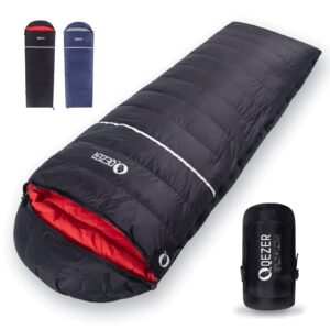 qezer down sleeping bag for adults 600 fill power down sleeping bag cold weather ultralight sleeping bag with compression sack for backpacking, camping, hiking (1000g down filling-black-right zip)