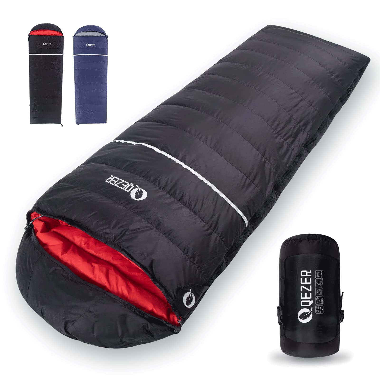 QEZER Down Sleeping Bag for Adults 600 Fill Power Down Sleeping Bag Cold Weather Ultralight Sleeping Bag with Compression Sack for Backpacking, Camping, Hiking (1000g Down Filling-Black-Right Zip)