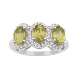 mooneye trio stone ring! 7x5mm oval green peridot gemstone 925 sterling silver bridal wedding ring (silver, 9)