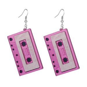 maloyanve cassette tape earrings for women girls retro funny acrylic 80s 90s geometric stereo music player tool tape dangle drop earrings accessories jewelry music lover gift (pink)