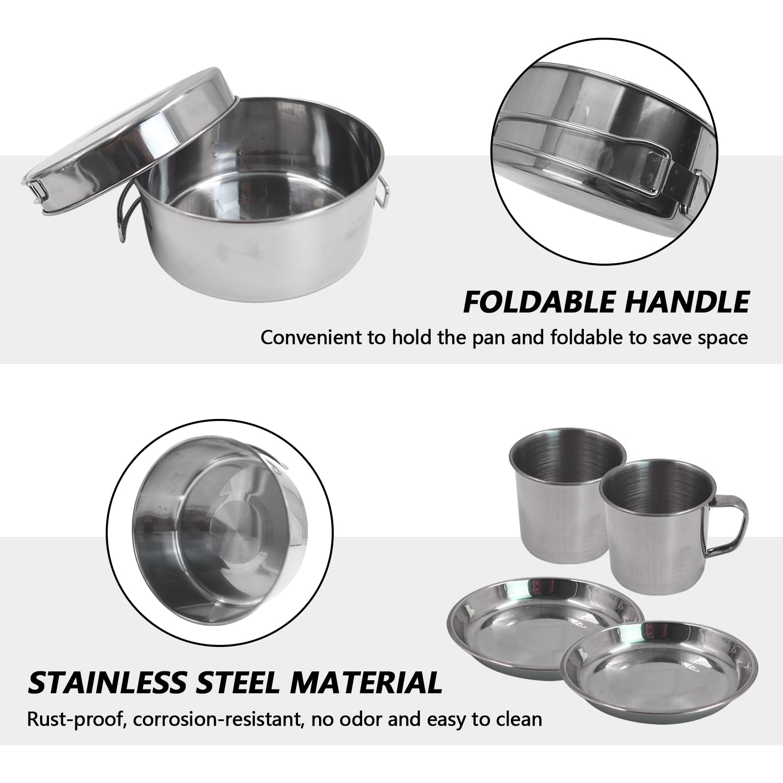 10Pcs Stainless Steel Camping Cookware Mess Kit, Camping Cook Pot with Folding Handle, Backpacking Mess Kit, Hiking Camping Cooking Set with Cups, Pots, Dishes, Spoons, Pans