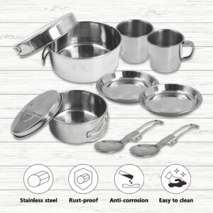 10Pcs Stainless Steel Camping Cookware Mess Kit, Camping Cook Pot with Folding Handle, Backpacking Mess Kit, Hiking Camping Cooking Set with Cups, Pots, Dishes, Spoons, Pans