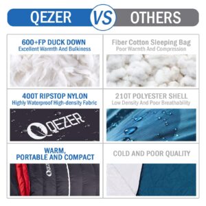 QEZER Down Sleeping Bag for Adults 600 Fill Power Down Sleeping Bag Cold Weather Ultralight Sleeping Bag with Compression Sack for Backpacking, Camping, Hiking (1000g Down Filling-Black-Right Zip)