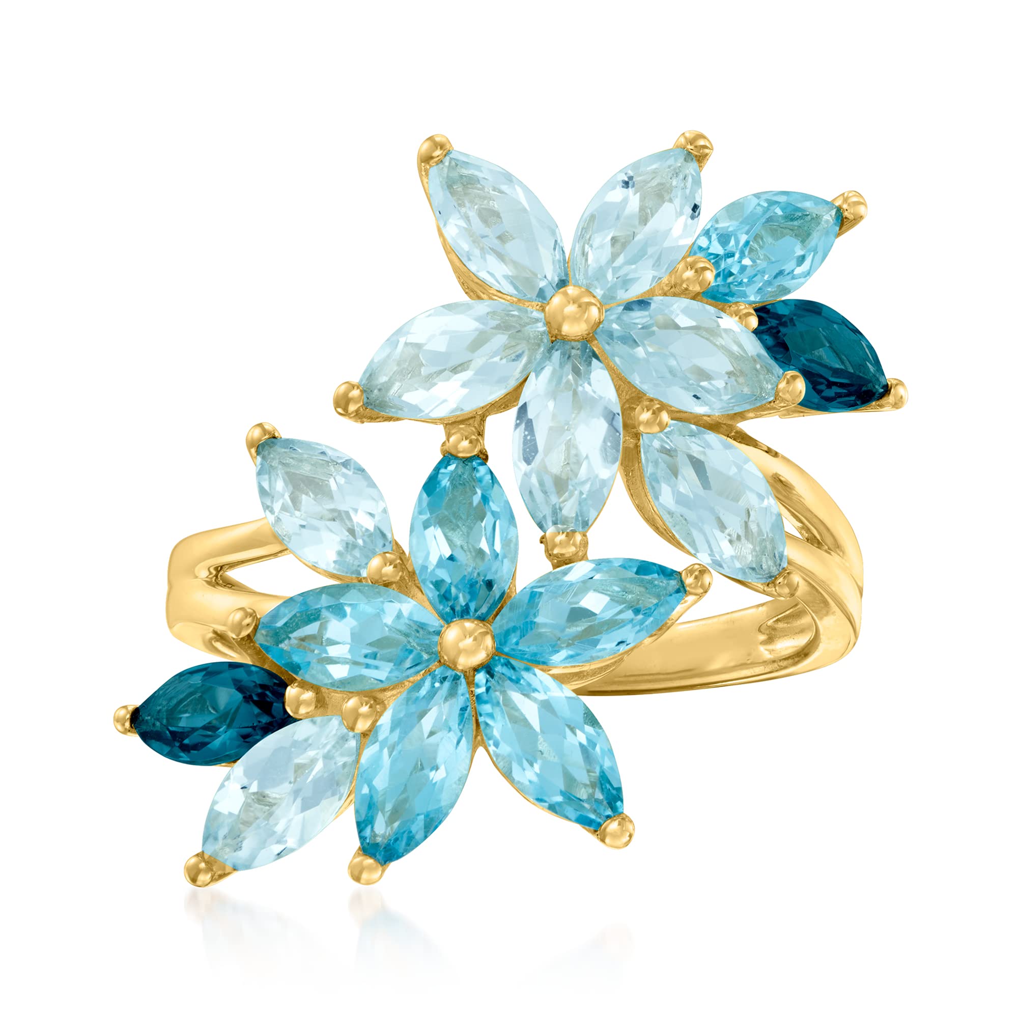 Ross-Simons 3.70 ct. t.w. Tonal Blue Topaz Floral Ring in 18kt Gold Over Sterling. Size 7