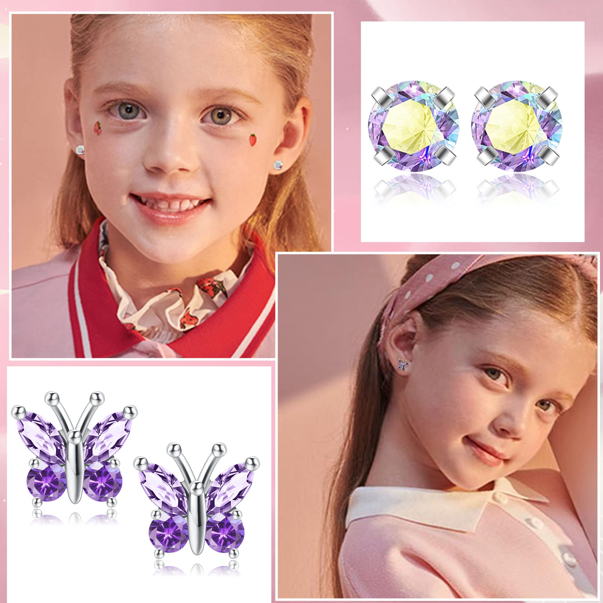 FUNRUN JEWELRY 8Pairs Hypoallergenic Screwback Earrings for Women 316L Stainless Steel CZ Heart Rainbow Butterfly Flower Multicolored Screw Back Stud Earrings Set(Purple) Age:Over 3 years old