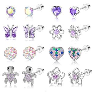 funrun jewelry 8pairs hypoallergenic screwback earrings for women 316l stainless steel cz heart rainbow butterfly flower multicolored screw back stud earrings set(purple) age:over 3 years old