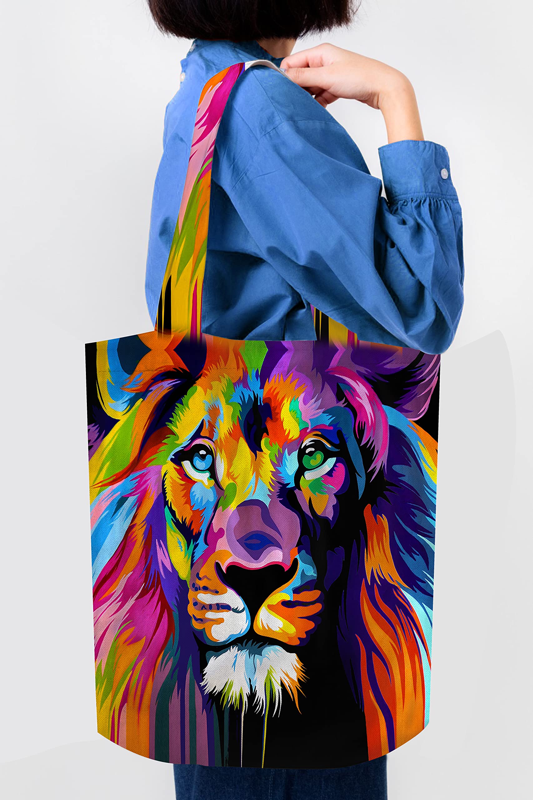 Cute Lion Tote Bag - Lion Figurine - Animal Themed Bag - Canvas Tote Bag for Women - Lion Decor - Aesthetic Large Beach Tote Bag Cute for Grocery Shopping Utility Book Teacher (Black - Lion)