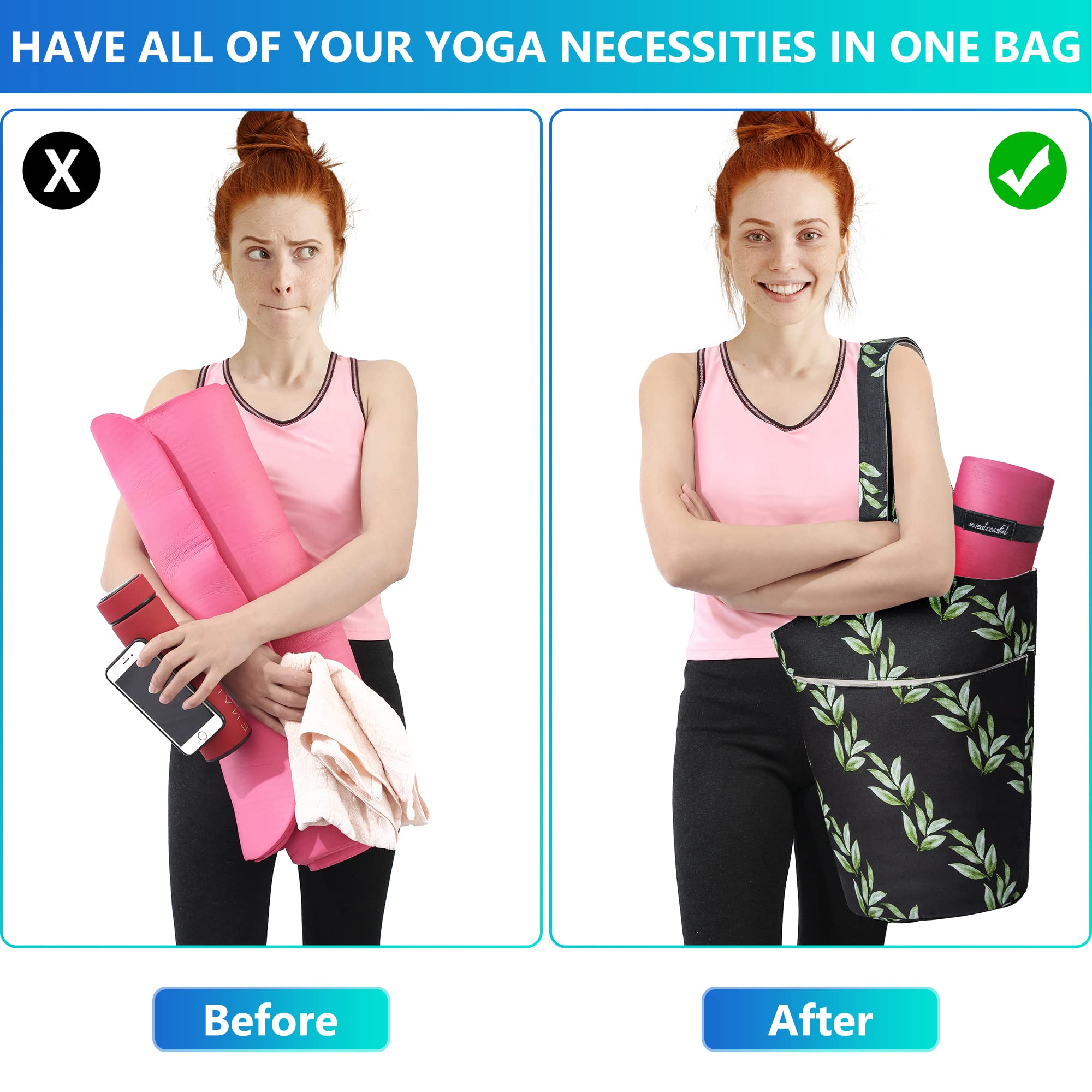 Sweatcessful Yoga Mat Bag - Fits Most Size Mats - Holds More Yoga Accessories - Extra-Large, Multi-Functional Tote With Pockets - Wide, Adjustable Shoulder Strap