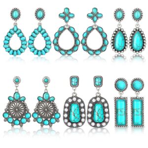 bbto 6 pairs turquoise oval earrings turquoise bohemian dangle boho cowboy leather vintage earrings leather wood teardrop earrings aztec pattern turquoise earrings for halloween women(classic)